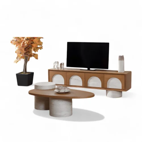 Vuens - Cream - Brown Modern Tv Unit With Travertine Legs | hipicon